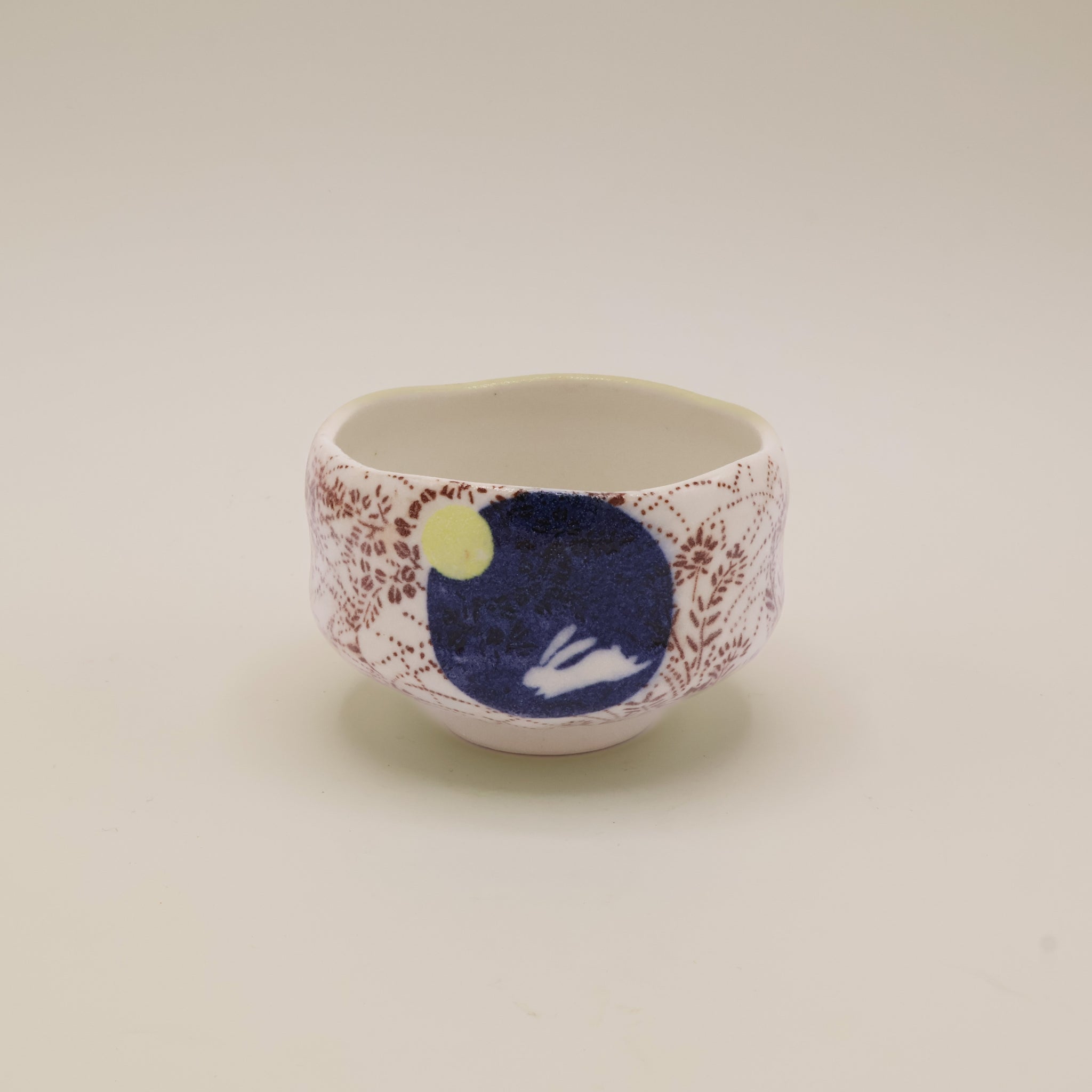 Matcha cup - Small with brown pattern, moon and rabbit